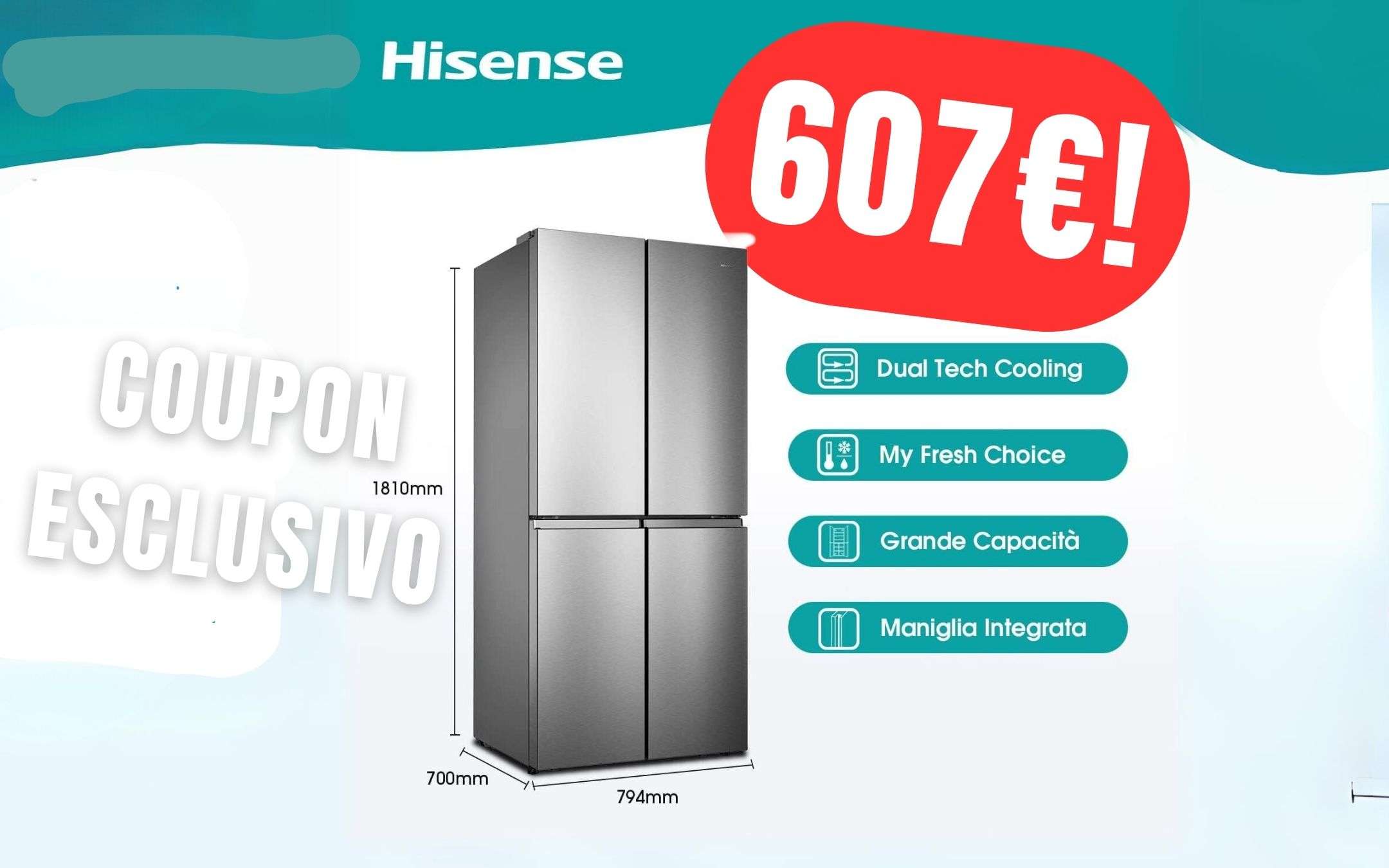 Risparmia 191€ col COUPON sul Frigorifero 4 Porte di Hisense su Amazon