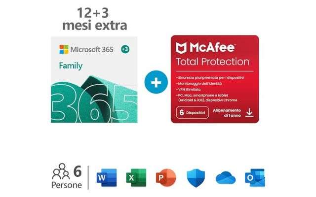 Microsoft 365 + McAfee Total: SUPER sconto del 24% su Amazon
