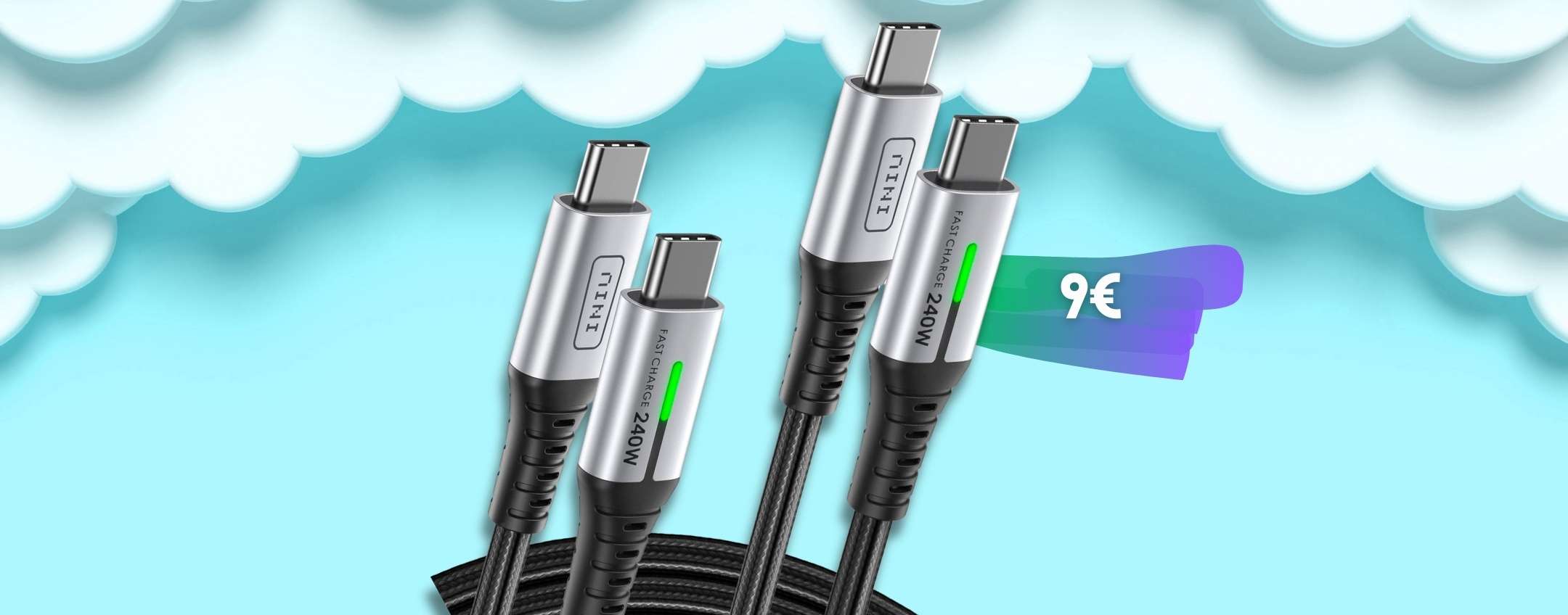 Cavi USB C USB C da 2 metri ciascuno 240W a soli 9€ (combo 2pz)