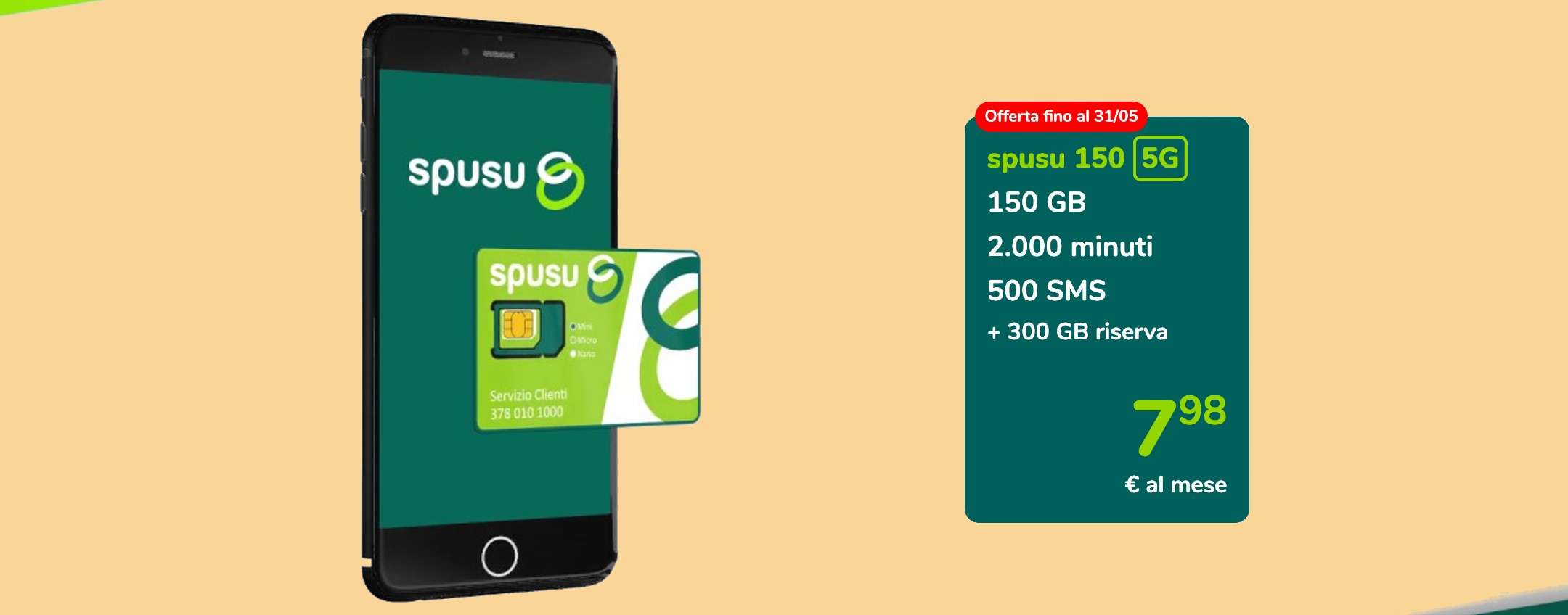Spusu 150 5G: PROMO TOP a meno di 8 euro al mese